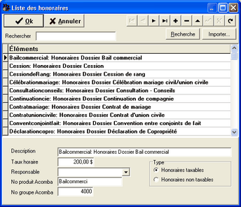 Liste des honoraires